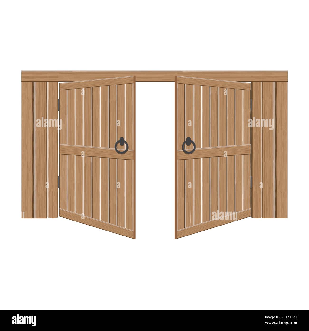 Old wooden massive open gates, vector illustration. Double door with ...