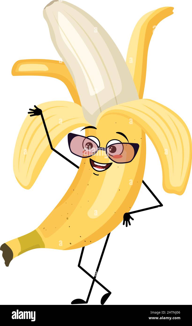 Banana character with happy emotion and glasses, joyful face, smile ...