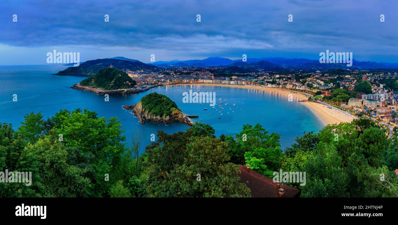 Panoramic aerial view of La Concha bay and beach from Monte Igueldo in ...