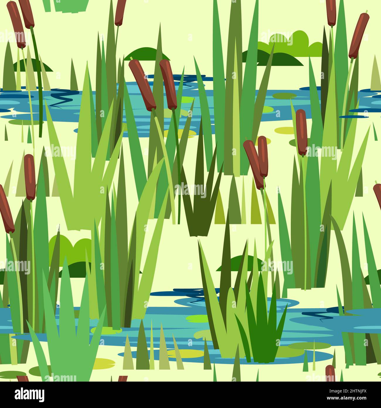 Landscape with a reservoir. Seamless pattern. Plants, grass, reeds and ...