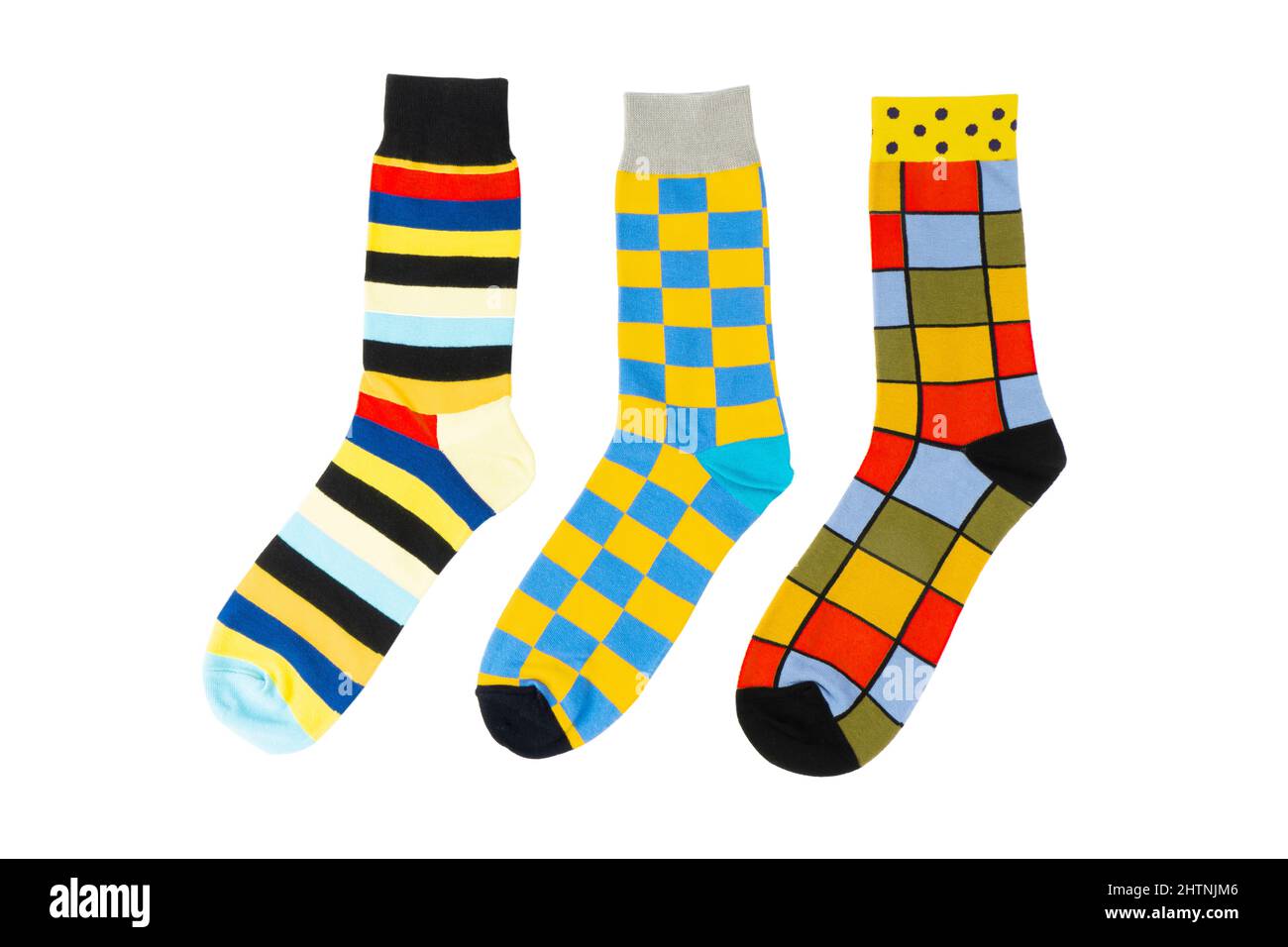 Three sock with different lines isolated on white background. Colorful ...