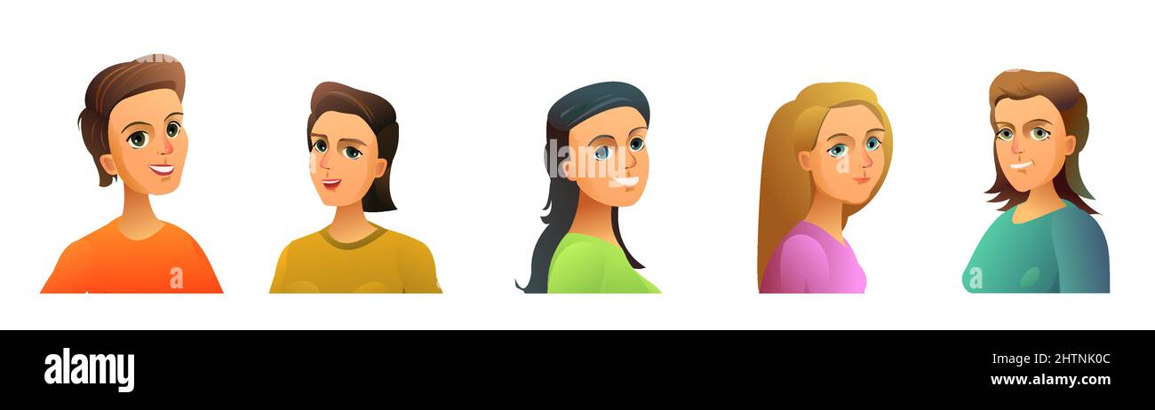 Faces of beautiful girls set. Comic fun person. Cute cartoon style ...