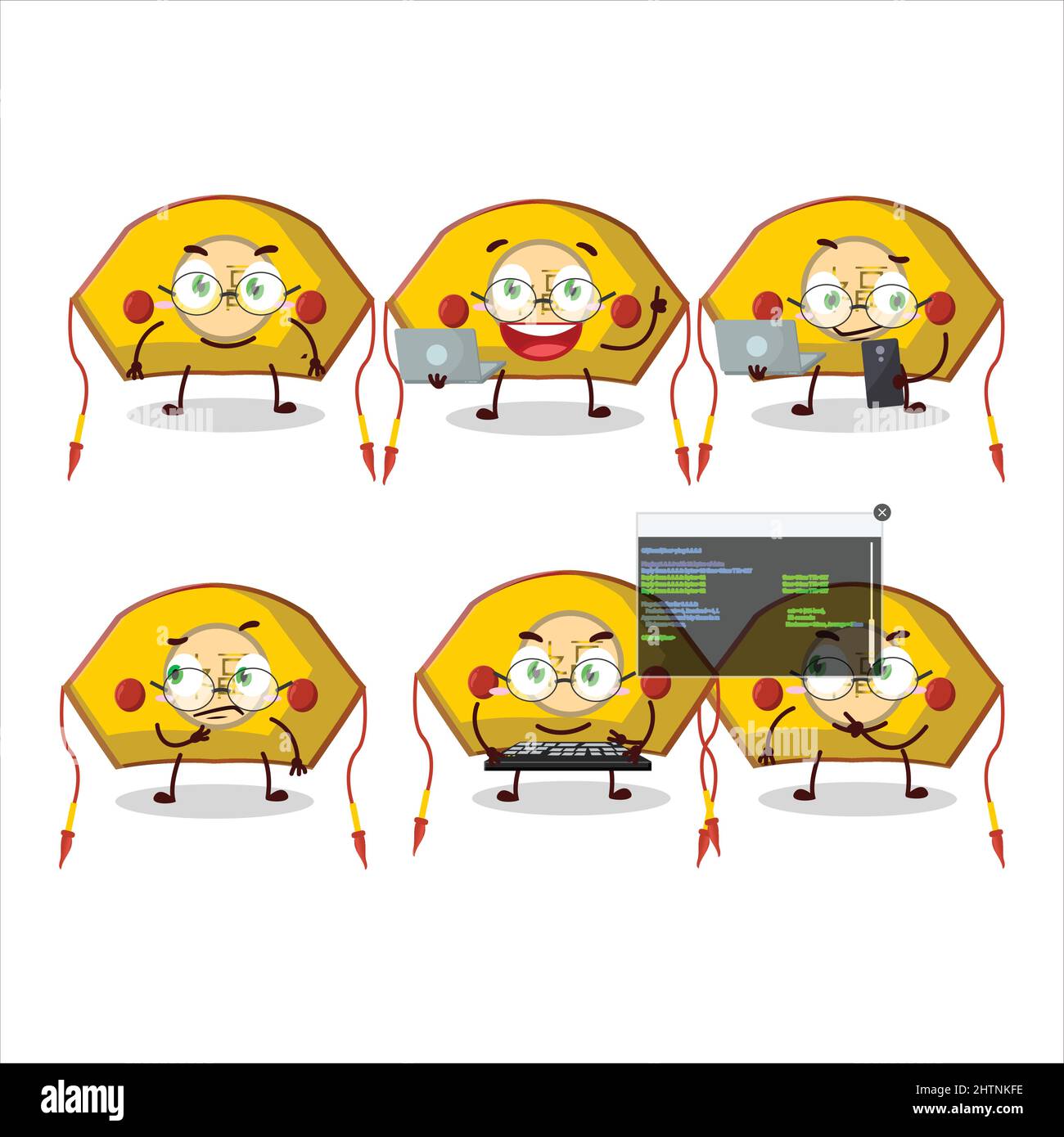 Yellow chinese woman hat Programmer cute cartoon character with. Vector ...