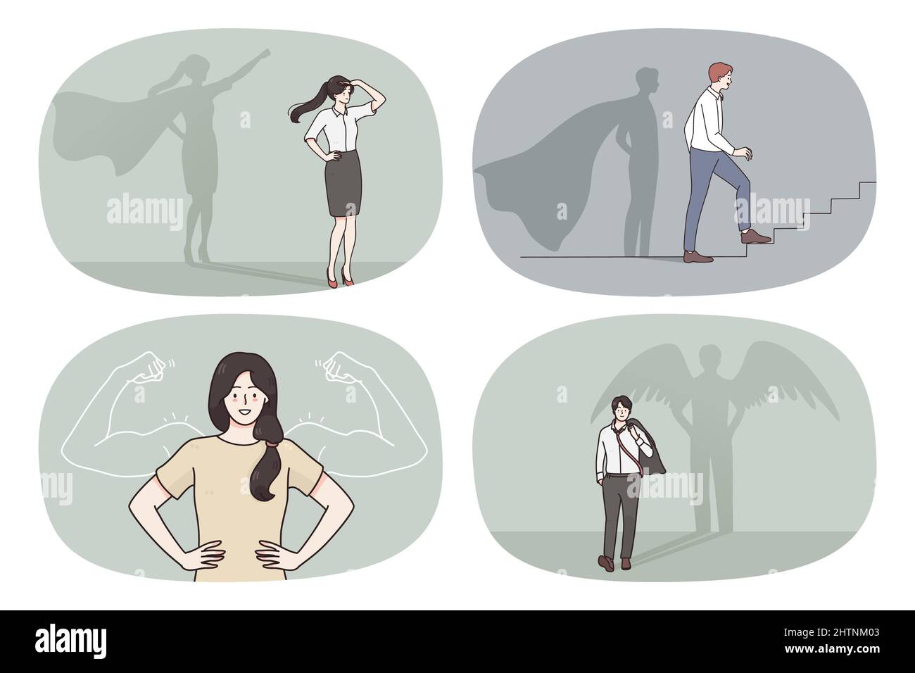 Set of diverse employees as superheroes with wings, power arms or cape ...