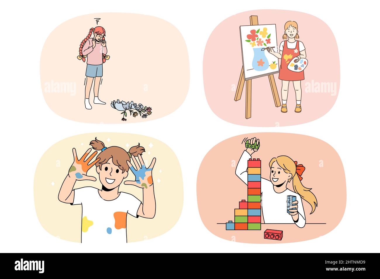 Collection of happy small girls kids have fun relax drawing with paints ...