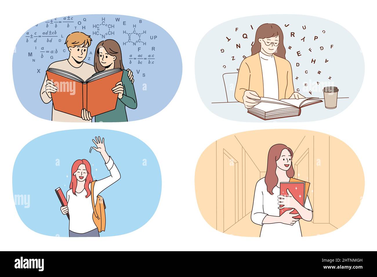 Set of happy young people with books enjoy studying learning new ...