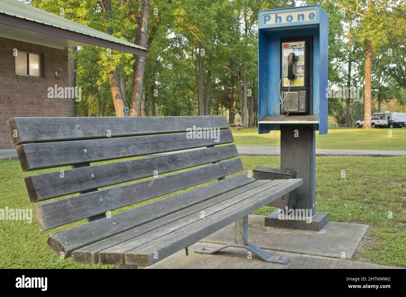 Fully functioning payphone near the bench in a campground in Charleston ...