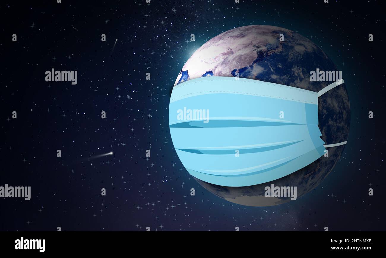 Earth Planet Wearing face Mask on wide Cosmos. Coronavirus Erath's ...
