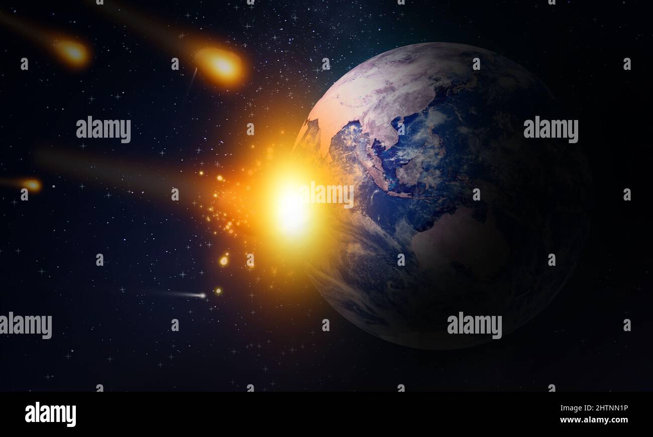 Big Asteroid Hitting The Earth Planet with Fire Flames. Spectacular ...