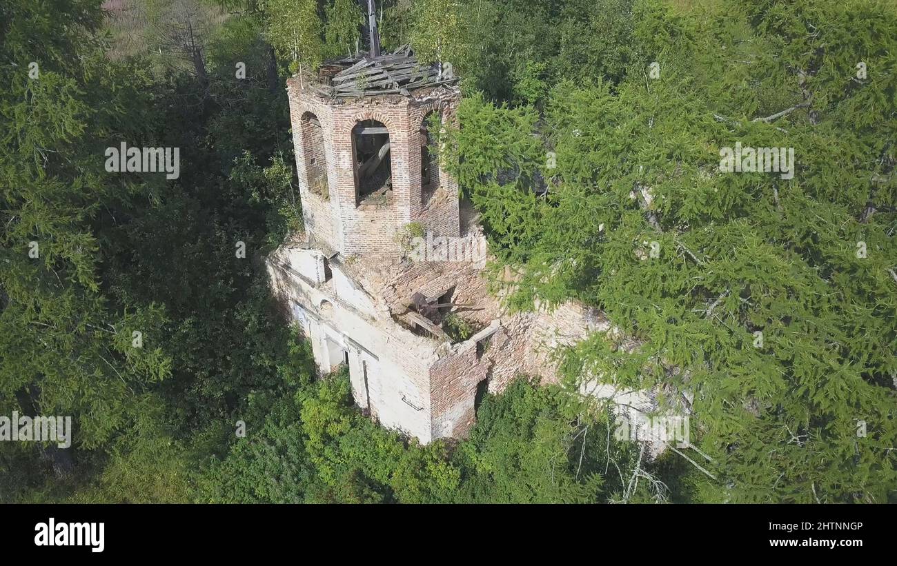 Abandoned church in the forest. Aerial view of the old church with a ...