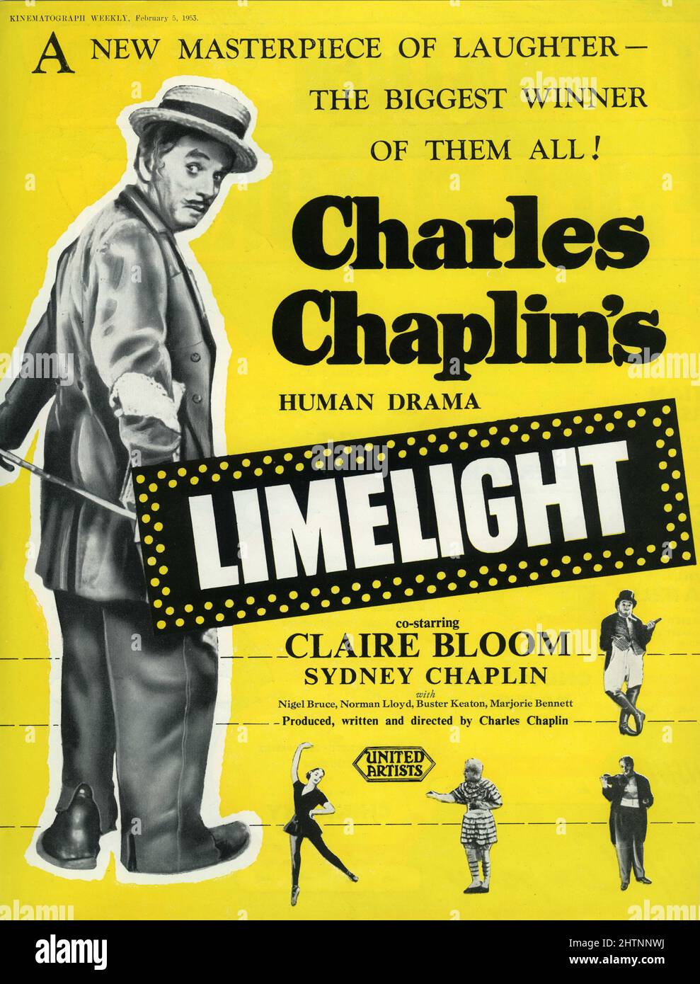British Trade Ad for CHARLES / CHARLIE CHAPLIN and CLAIRE BLOOM in LIMELIGHT 1952 star ...