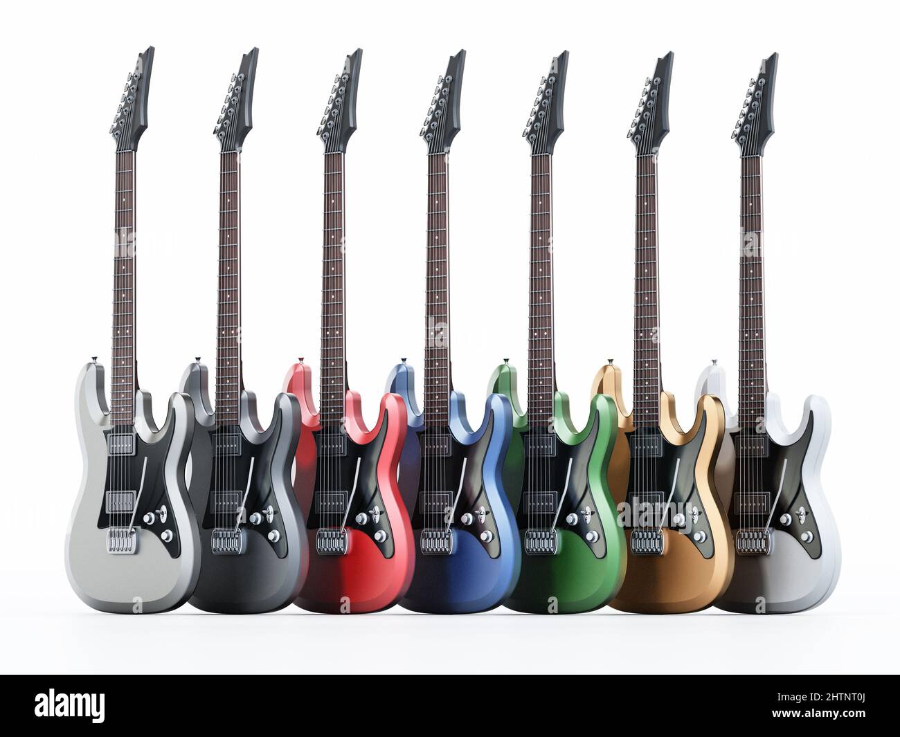 Generic colorful electric guitars isolated on white background. 3D ...