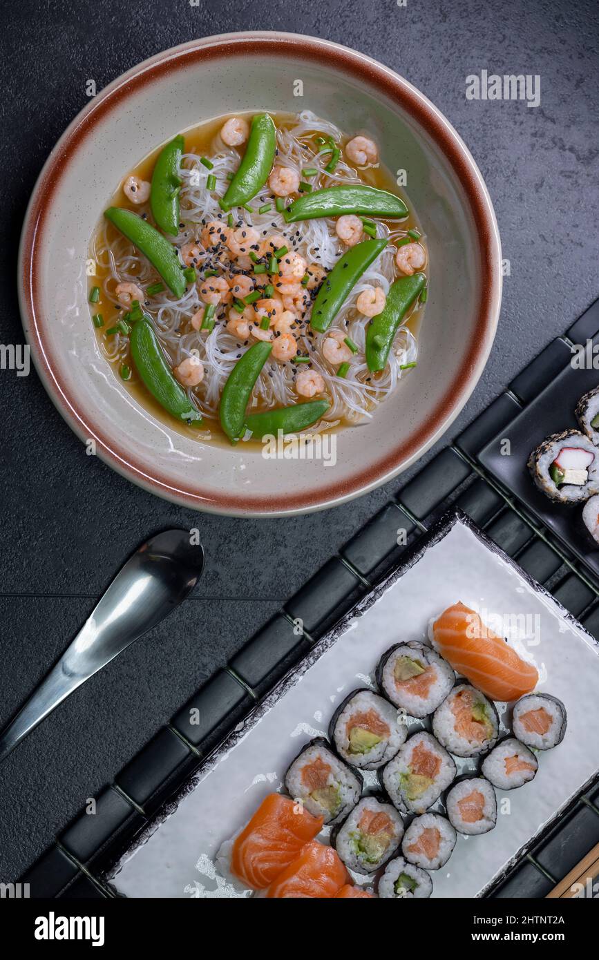 Various dishes of Asian cuisine with typical sushi Stock Photo - Alamy