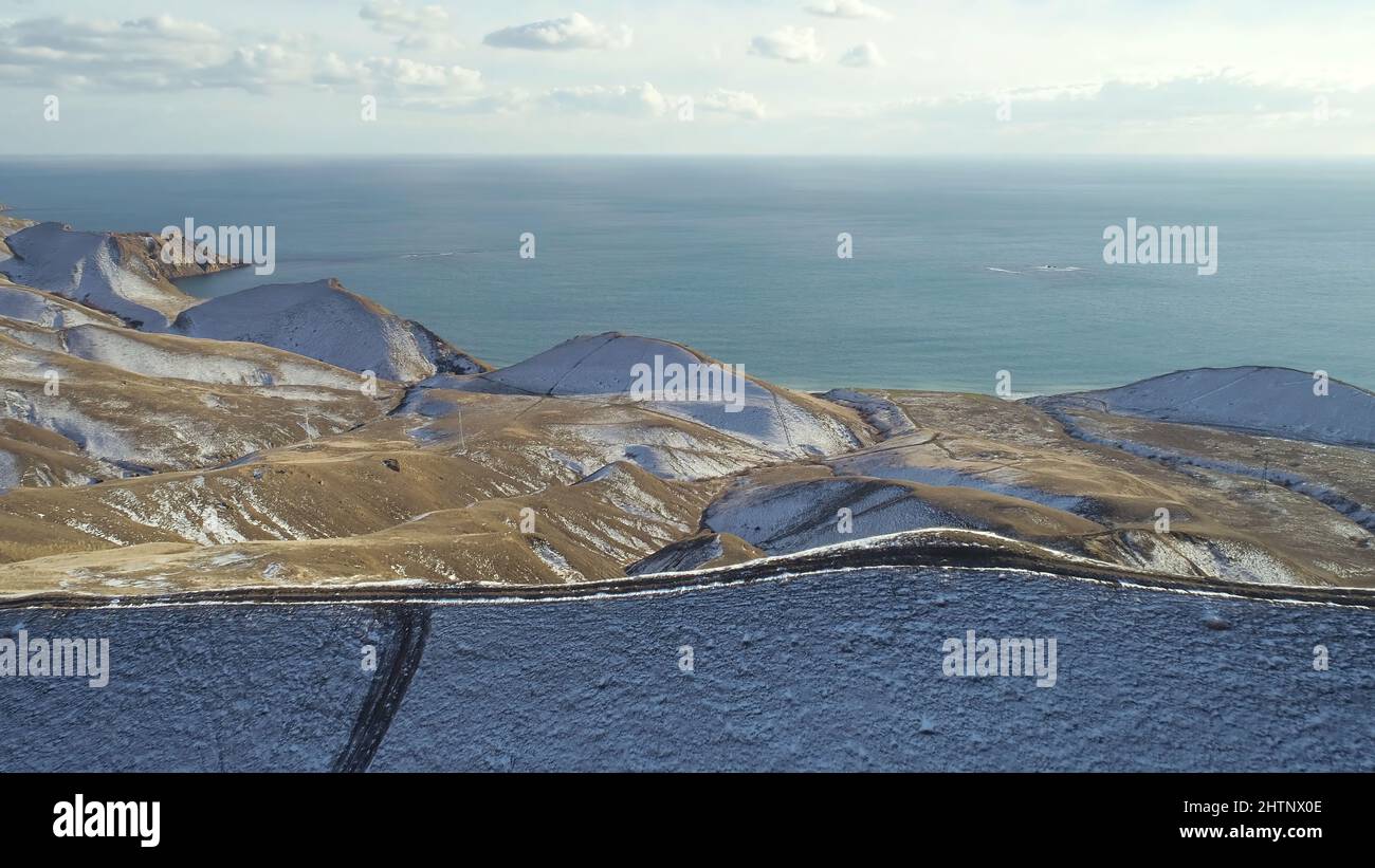 Panorama of mountains and sea. Shot. Beautiful natural aerial landscape ...