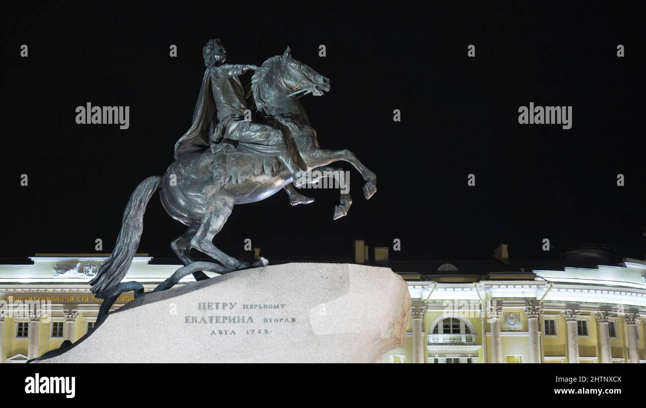 Illuminated monument of Copper horseman at night. Action. Great ...