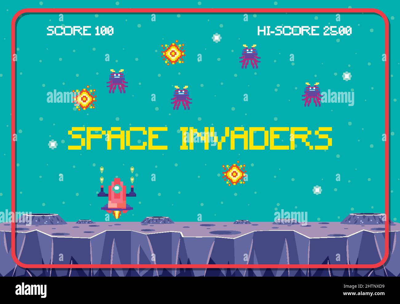 Pixel space game interface with space invaders illustration Stock ...