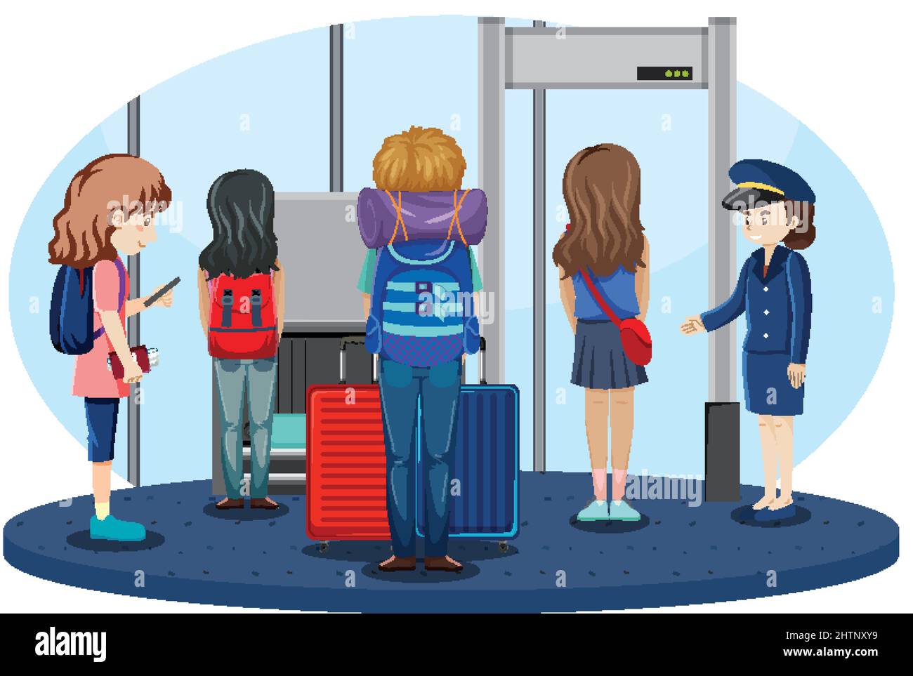 Airport security check with passengers walking through body scanner ...