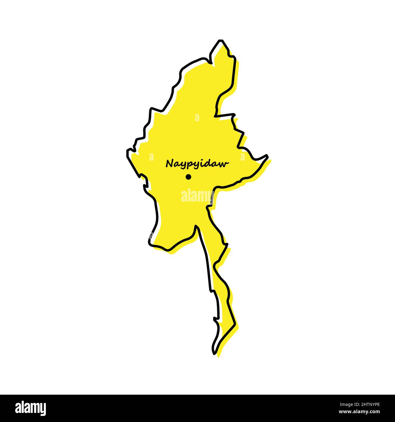 Simple outline map of Myanmar with capital location. Stylized minimal ...