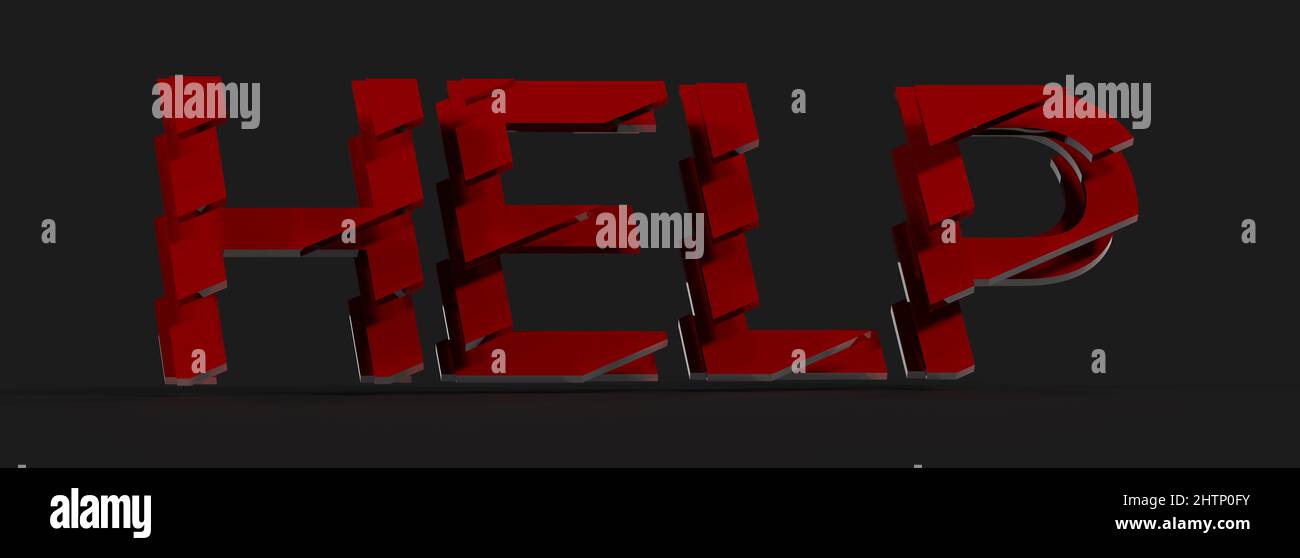 3D rendering of red help text isolated on a dark background Stock Photo ...