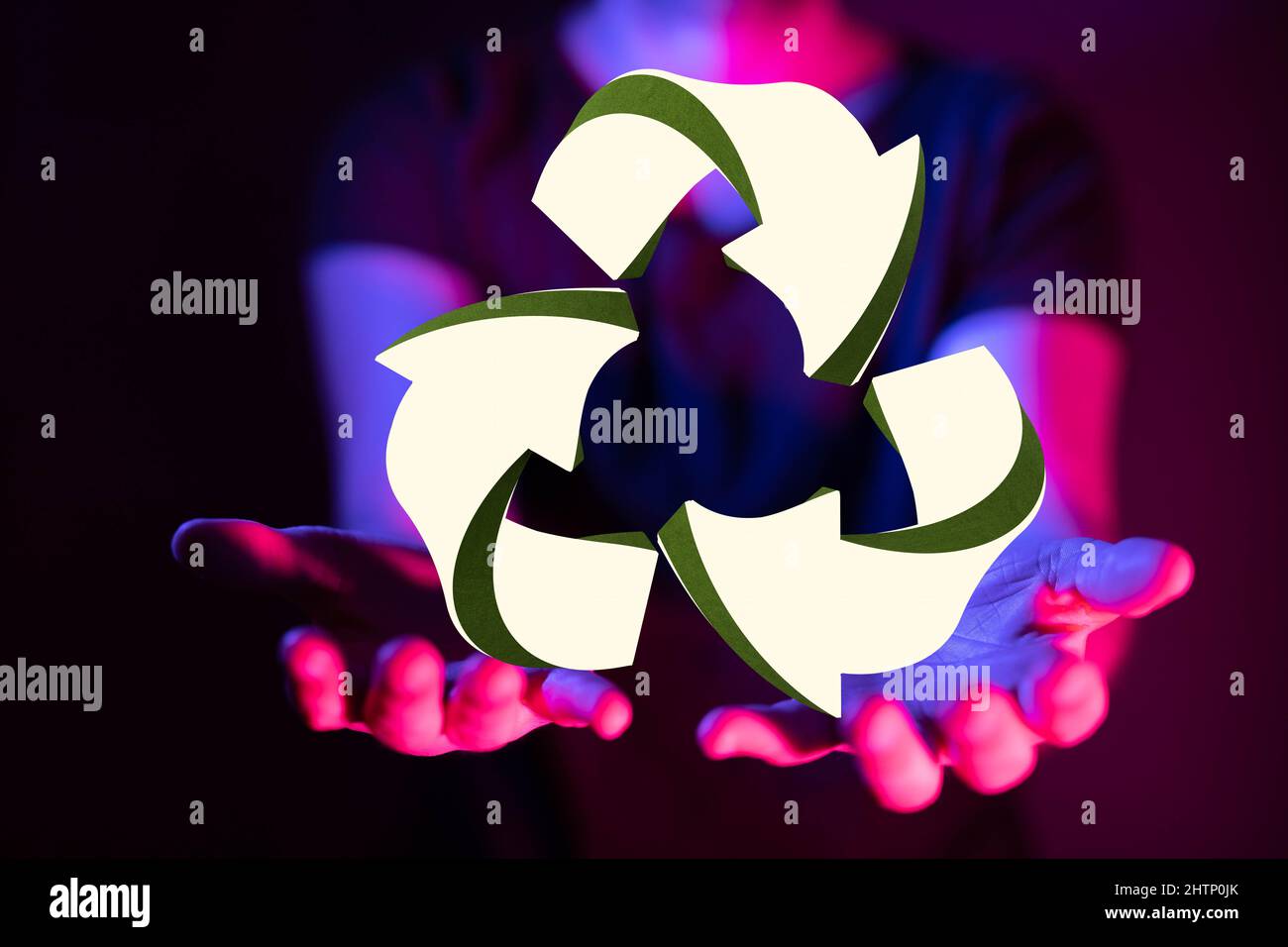 Hovering 3D volumetric green recycling sign on a man's hand Stock Photo ...