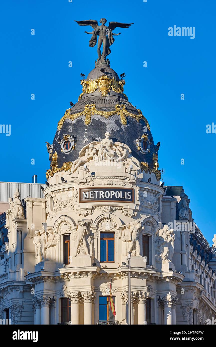 Metropolis building dome in Madrid city downtown. Classic skyline ...