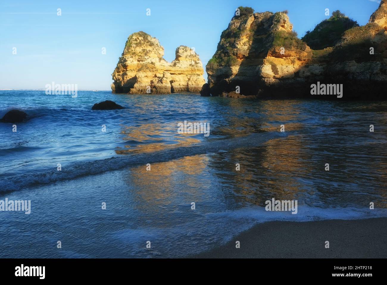 beaches and rocks on coast of the Atlantic Ocean in Lagos, Portugal ...