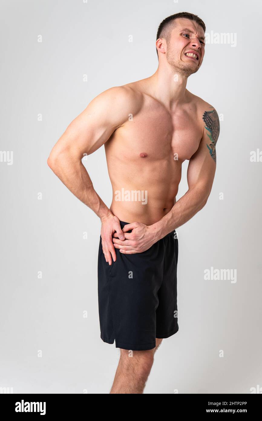 Aching hip in a man white background strong ache spine background ...