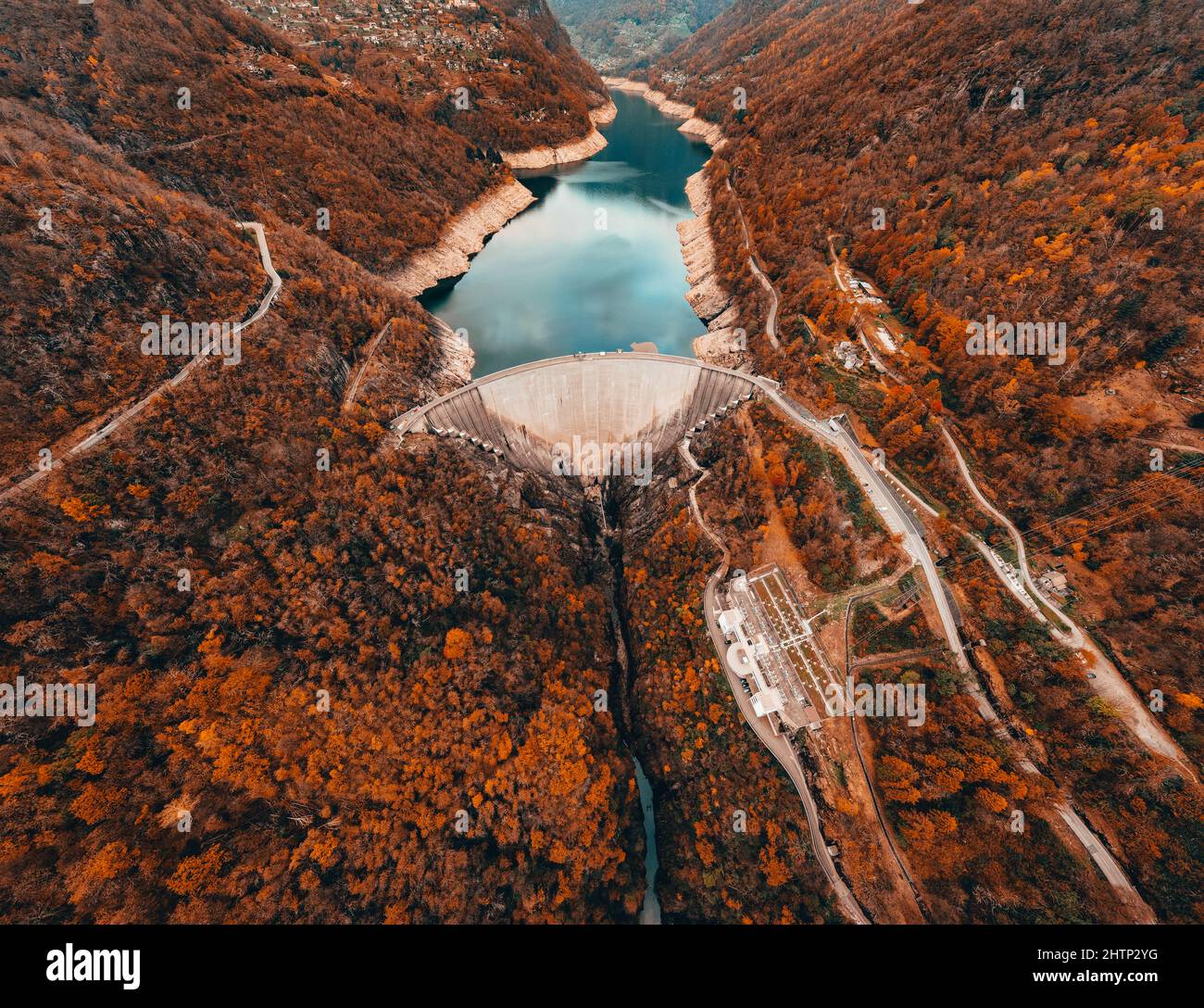 Aerial view of a water reservoir surrounded by forested hills Stock ...