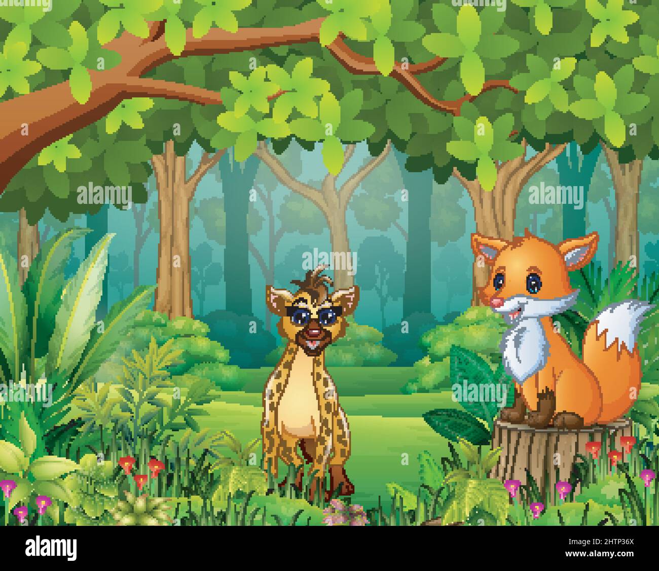 Happy wild animal cartoon in a beautiful green forest Stock Vector ...