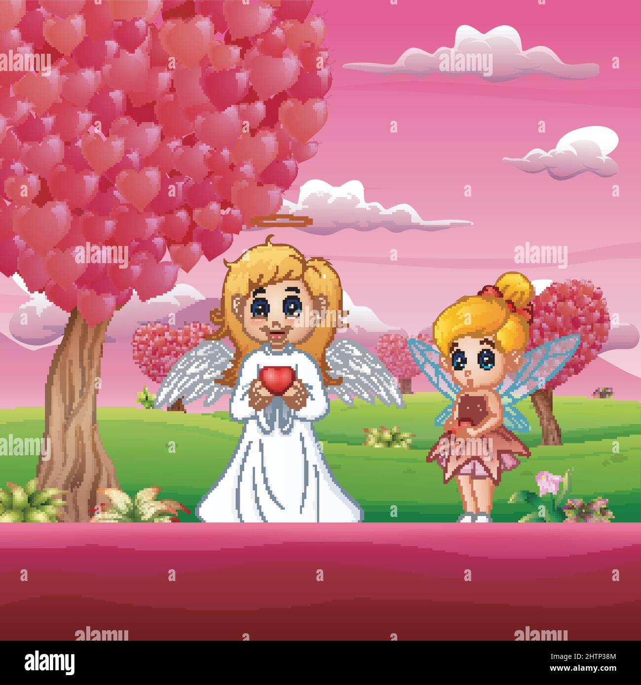 Cartoon cupid and a little fairy under the heart shaped tree Stock ...