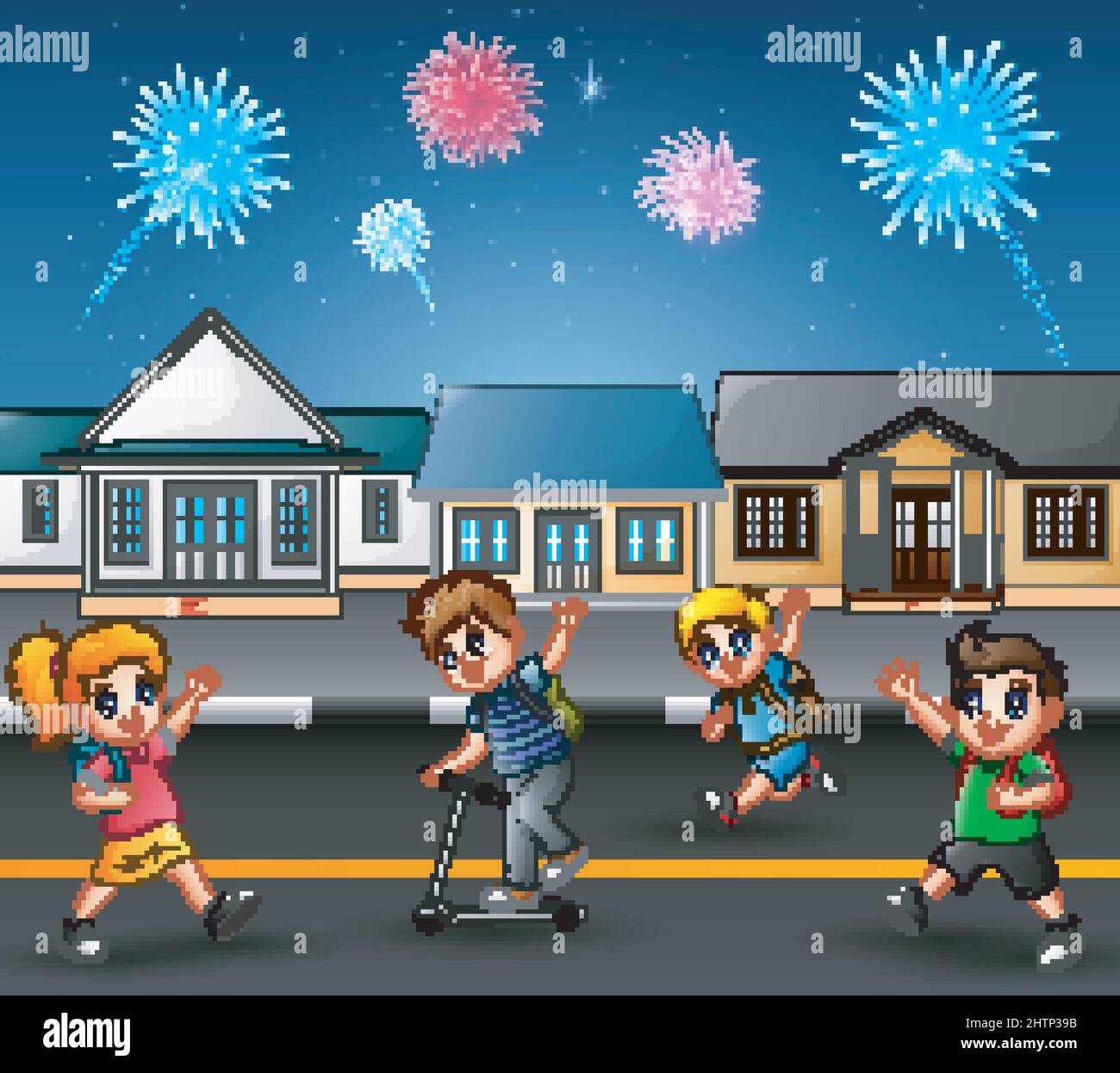 Happy kids playing in the street of a suburban neighborhood Stock ...