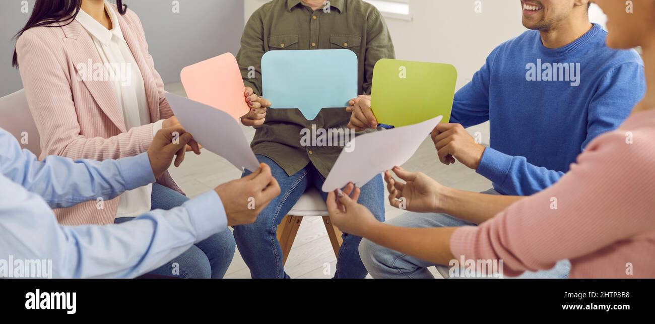 Group of happy young people with chat message bubbles talking and ...