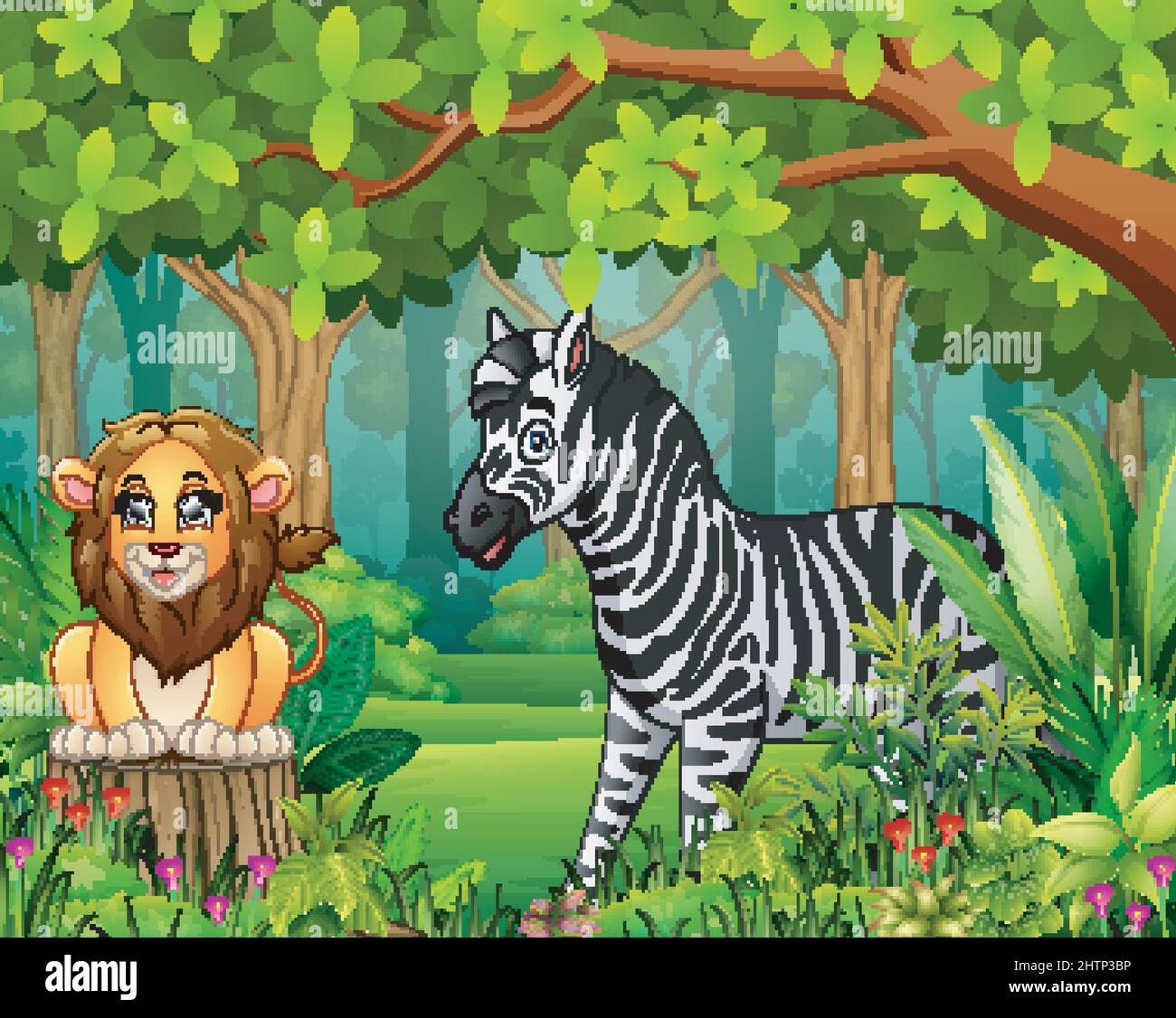 Landscape forest cartoon of green in spring with animals Stock Vector ...