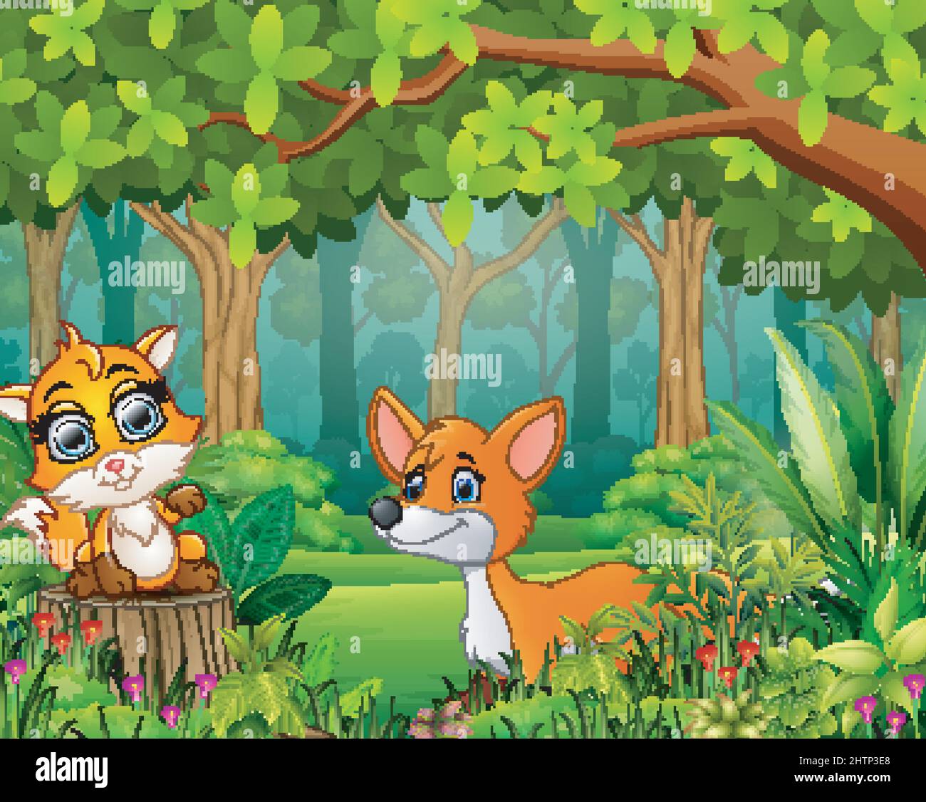 Landscape forest cartoon of green in spring with two fox Stock Vector ...