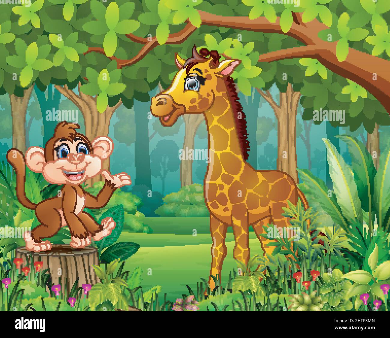 Happy wild animal cartoon in a beautiful green forest Stock Vector ...