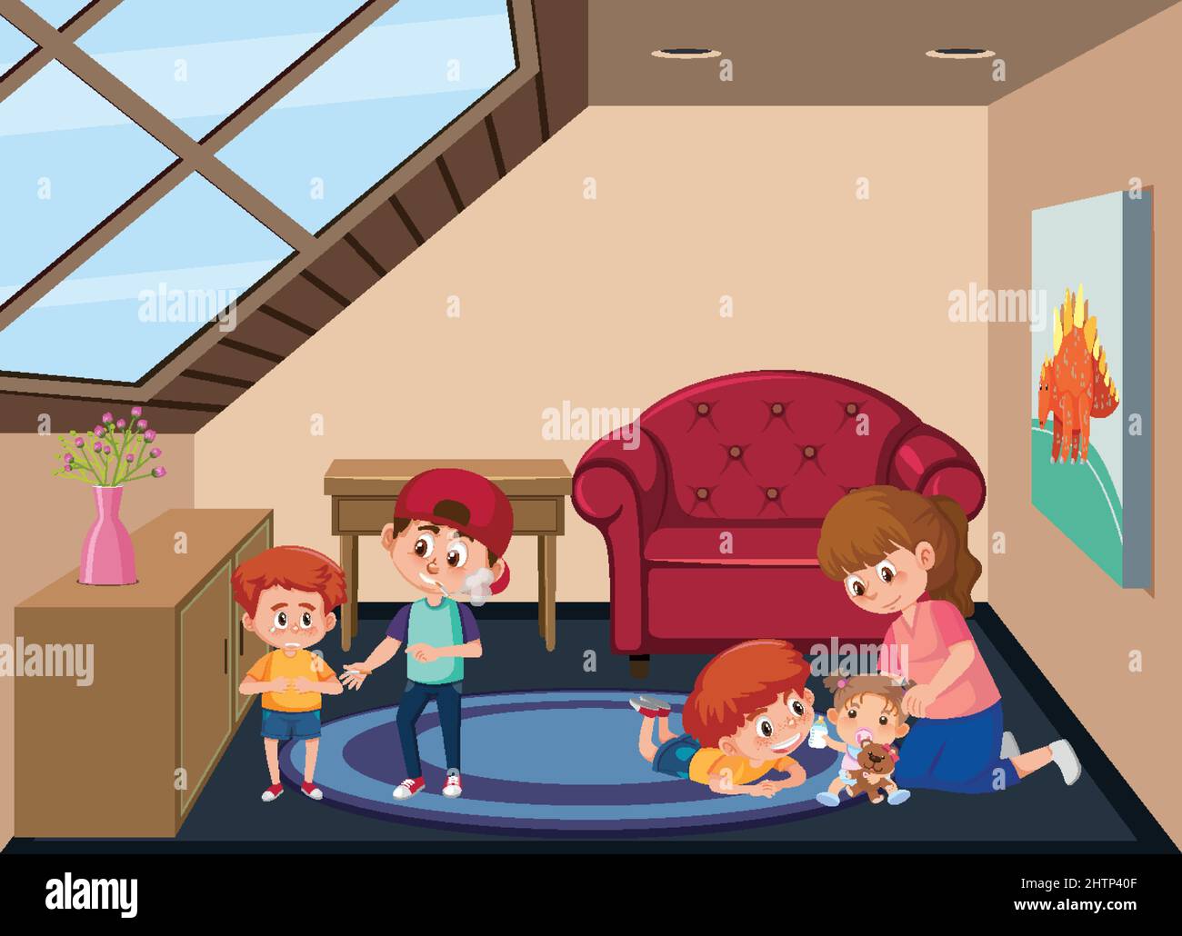 Garret room scene with a woman and her children illustration Stock ...