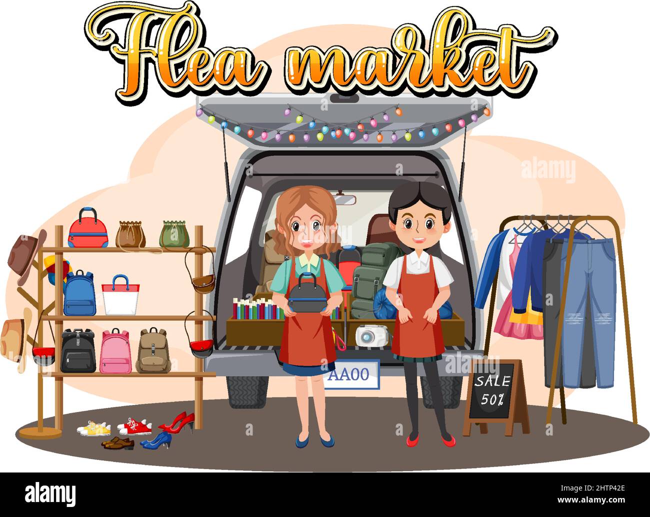 Flea market concept with cartoon character illustration Stock Vector ...