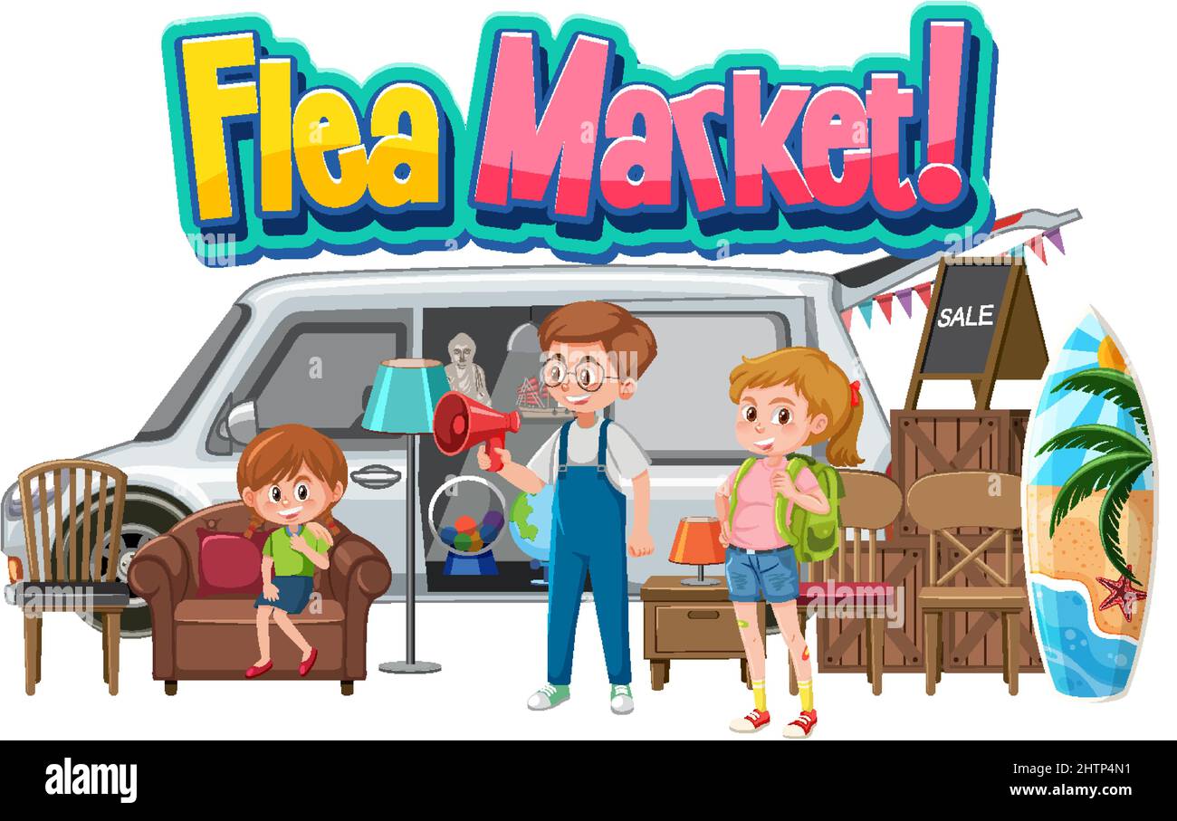 Flea market concept with merchant cartoon character illustration Stock ...