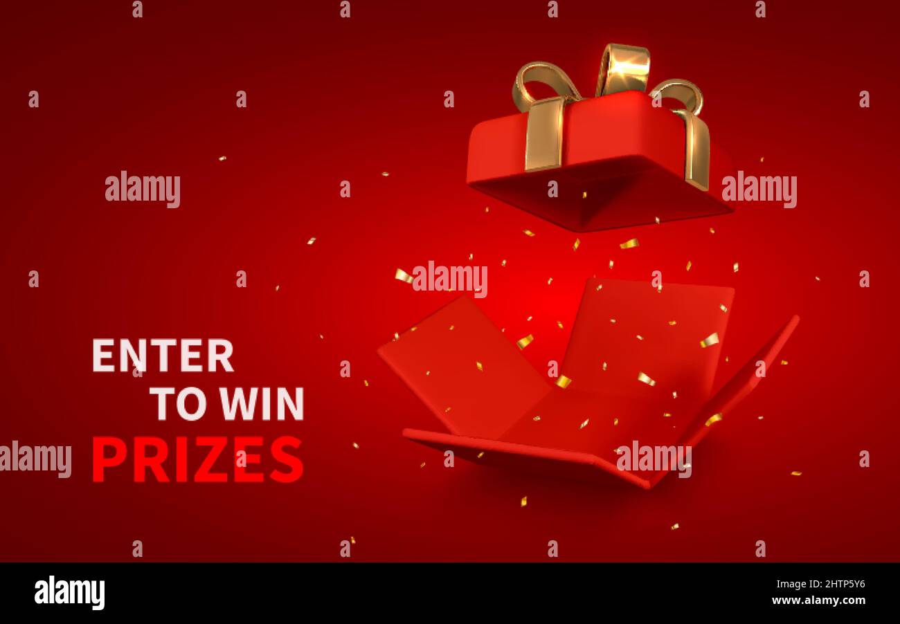 Open red Gift Box and Confetti on red background. Enter to Win Prizes ...