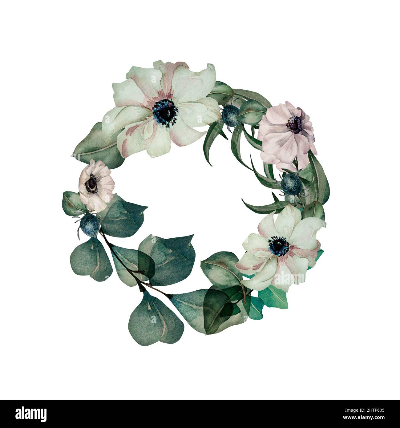 White anemone flowers and leaves, eucalyptus branch wreath watercolor ...