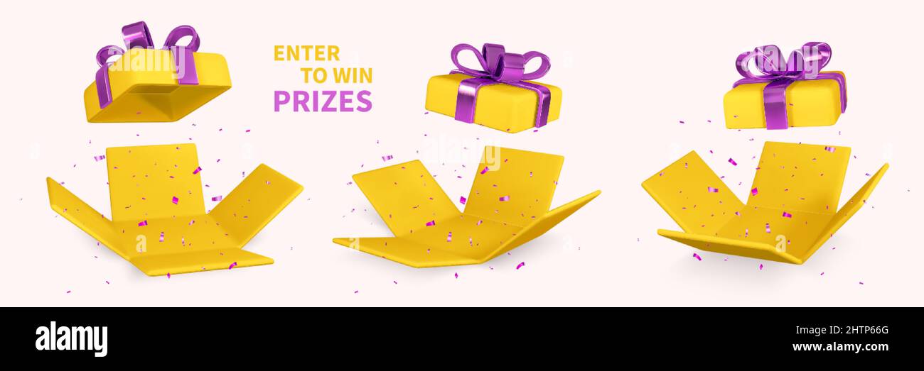 3D realistic yellow gift boxes with shiny purple bow and ribbon. Paper ...