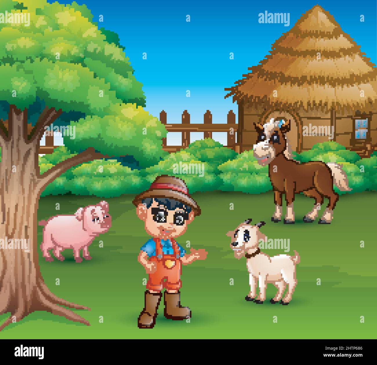 Cartoon of a farmer at his farm with a bunch of farm animals Stock ...
