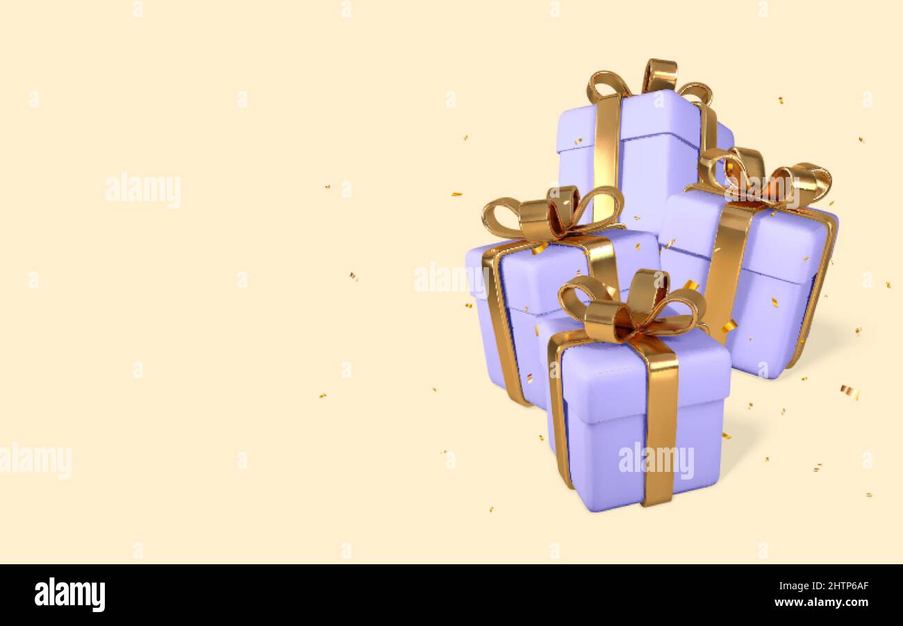 3D realistic light purple gift boxes with golden bow and confetti. Paper boxes with ribbon ...