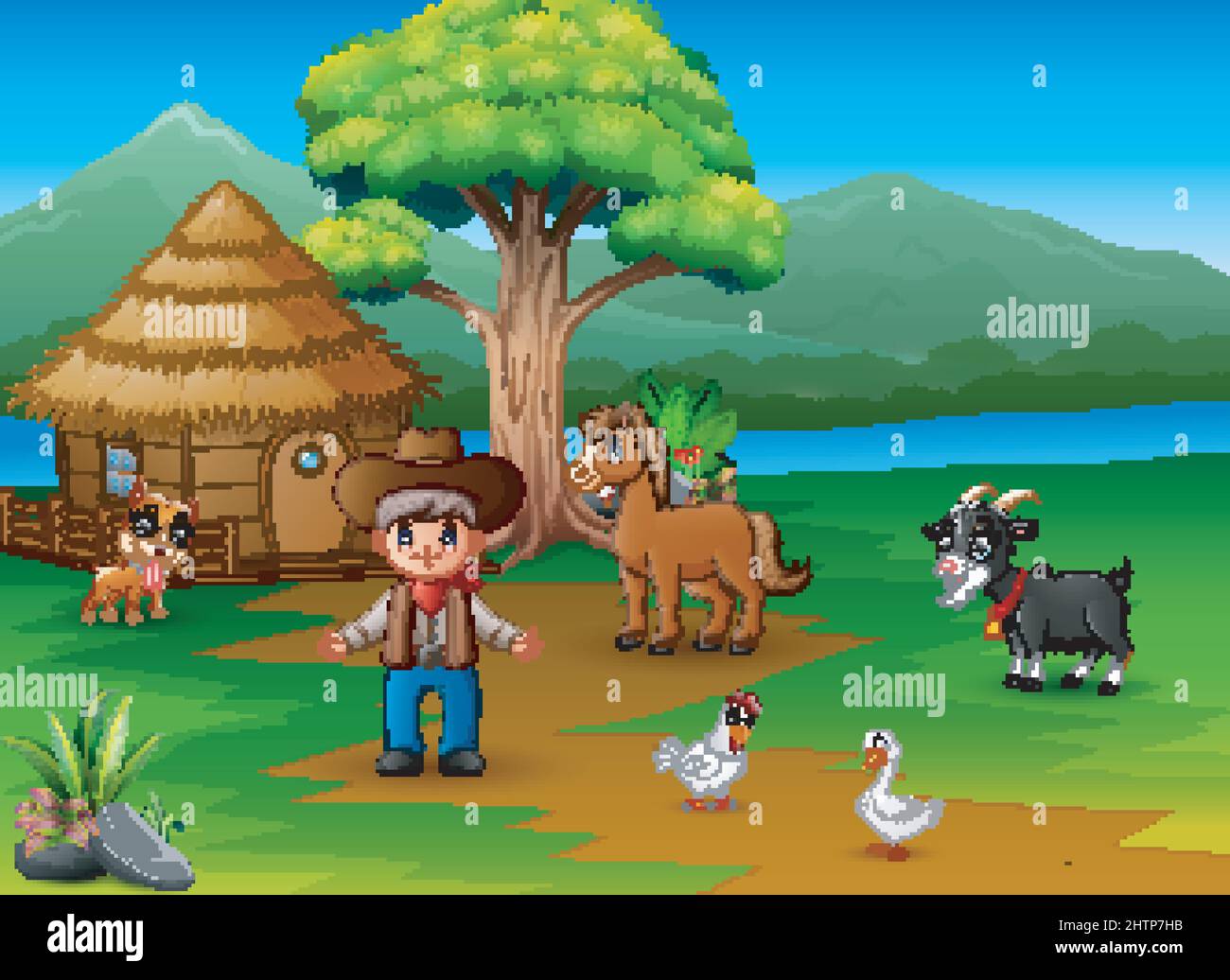 Farmer activity on the beautiful nature with animal farm Stock Vector ...