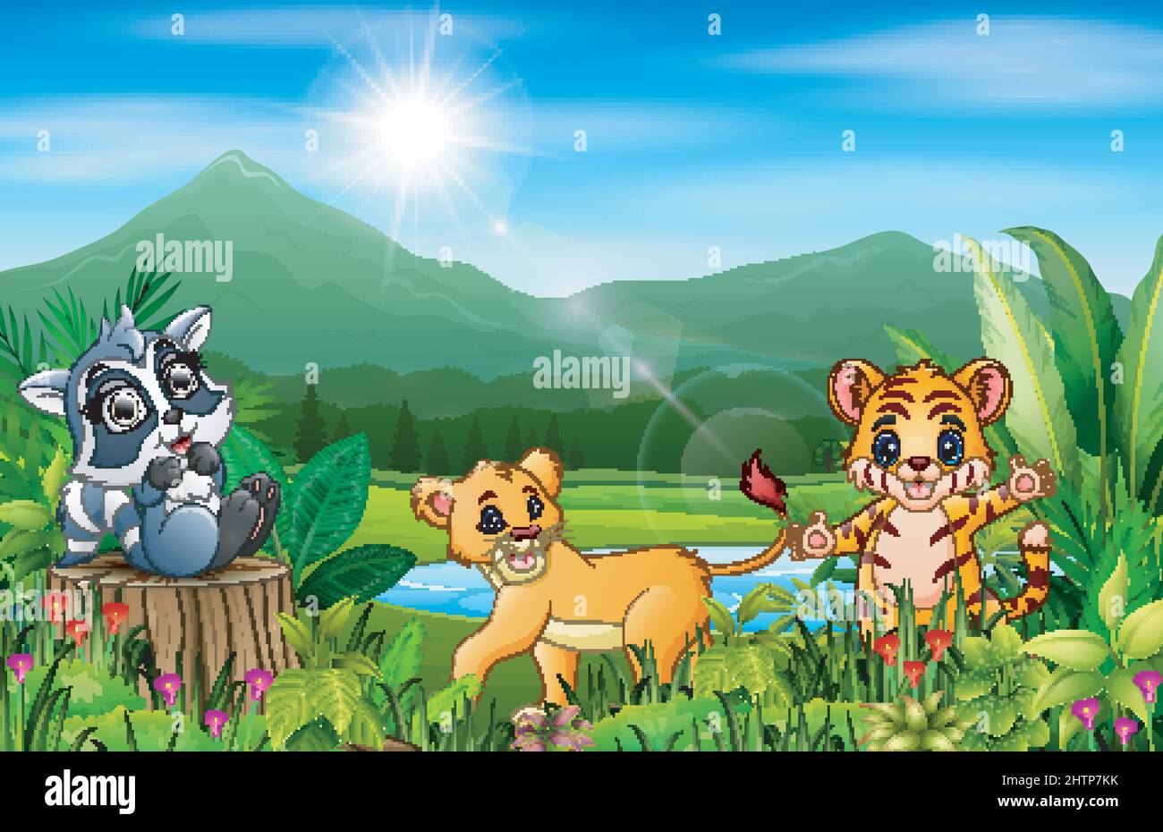 Cartoon of the beautiful landscape with different animals Stock Vector ...