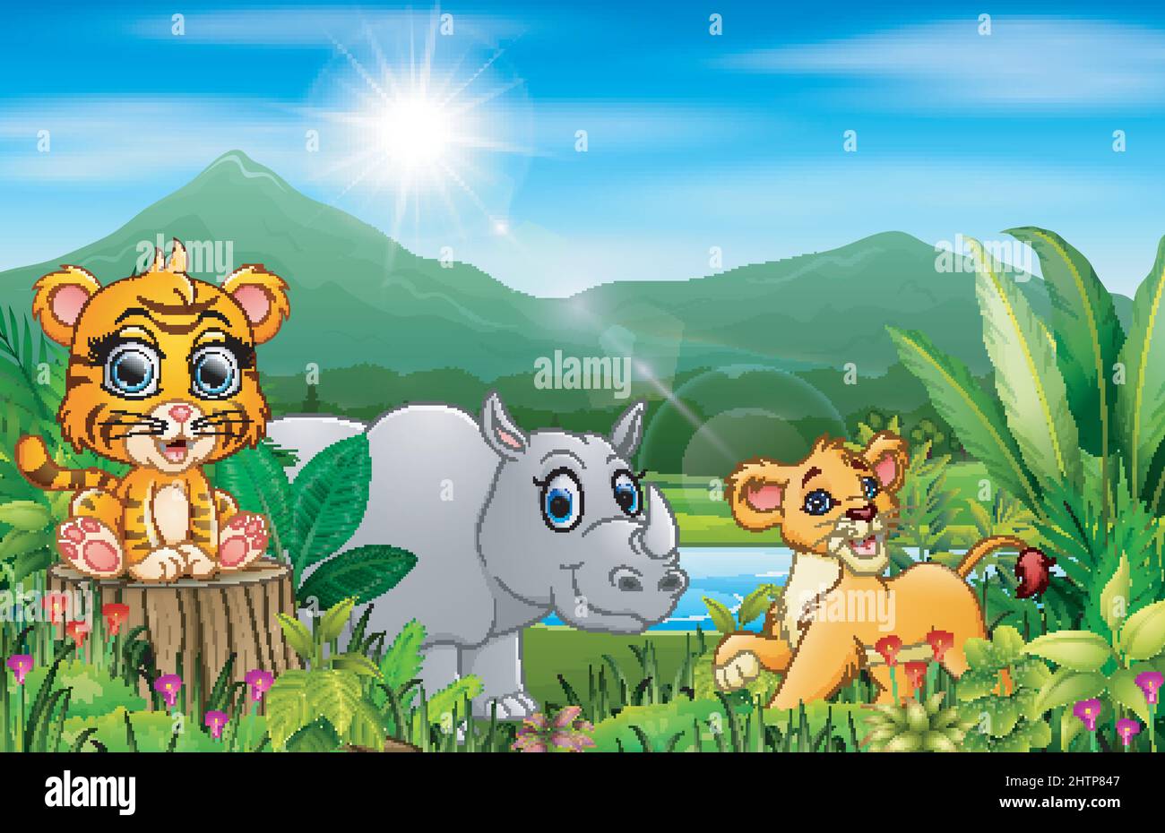 Cartoon of the beautiful landscape with different animals Stock Vector ...
