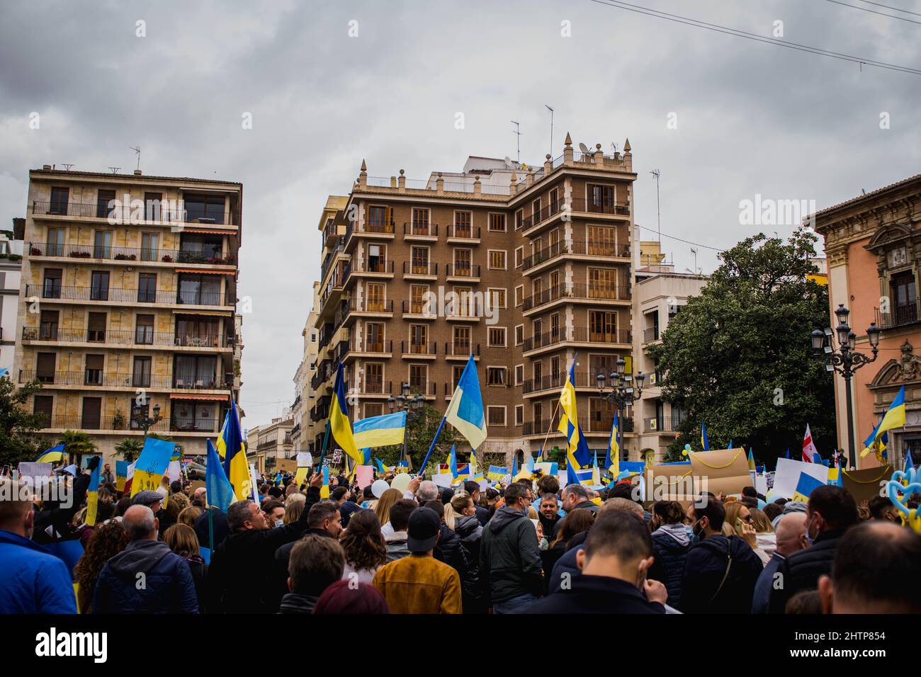 Square full of Demonstrators with Blue and Yellow Ukrainian Flags in ...