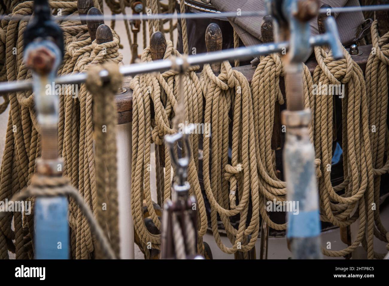 Fishing boat pole with hanging ropes in Bassin Louise in Quebec, Canada ...