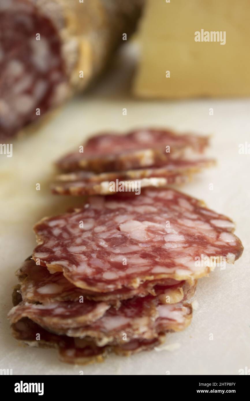 sliced calabrian salami called soppressata cularina Stock Photo - Alamy