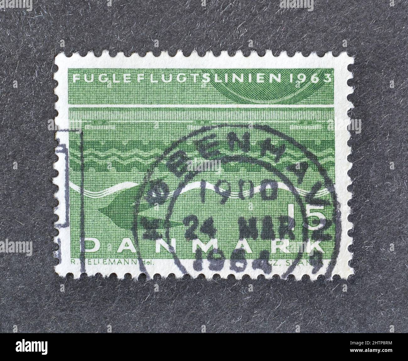 Cancelled postage stamp printed by Denmark, that shows Rail and Sea ...